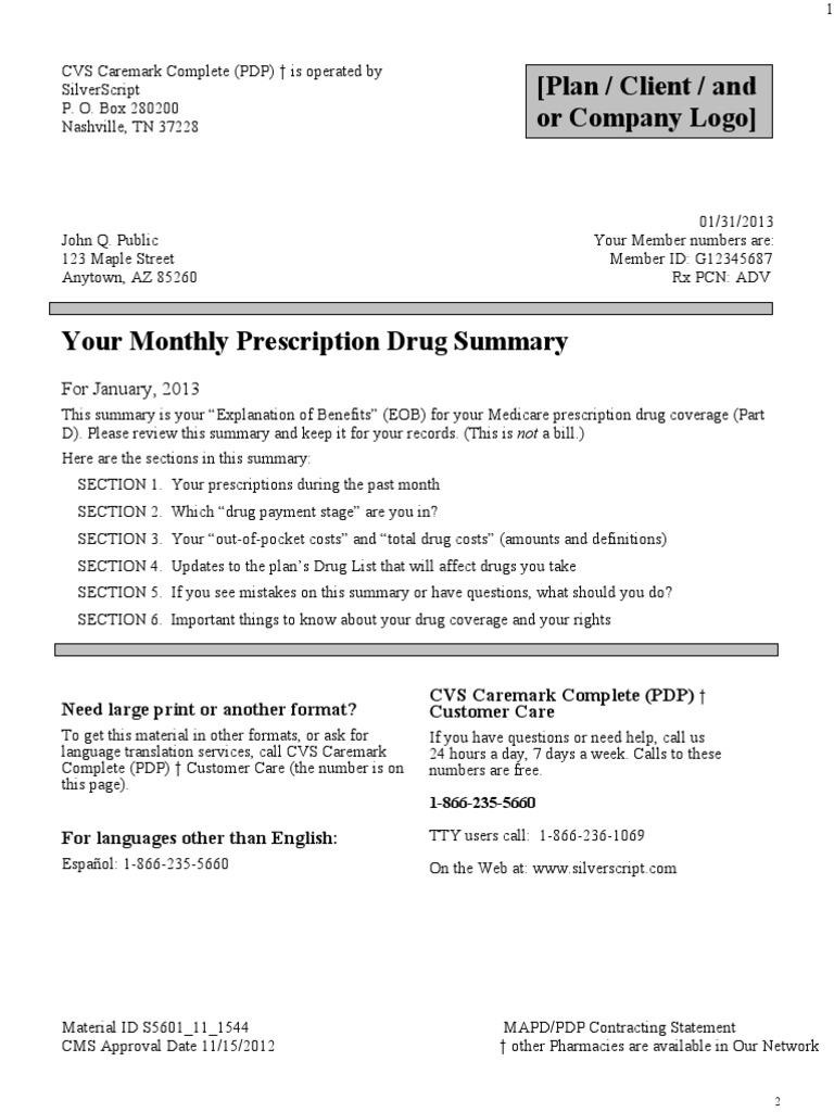 2013 Model Eob For Submission Medicare Part D Medicare United States