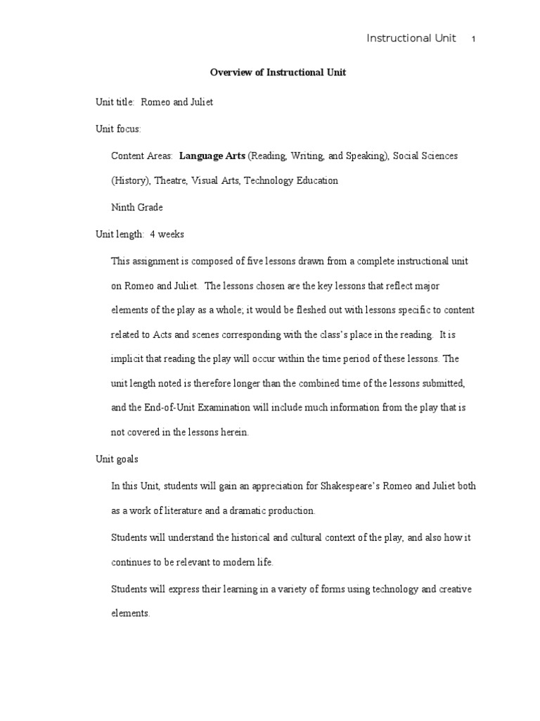 Romeo and Juliet Unit Plan for 9th Grade | PDF | Play (Theatre ...