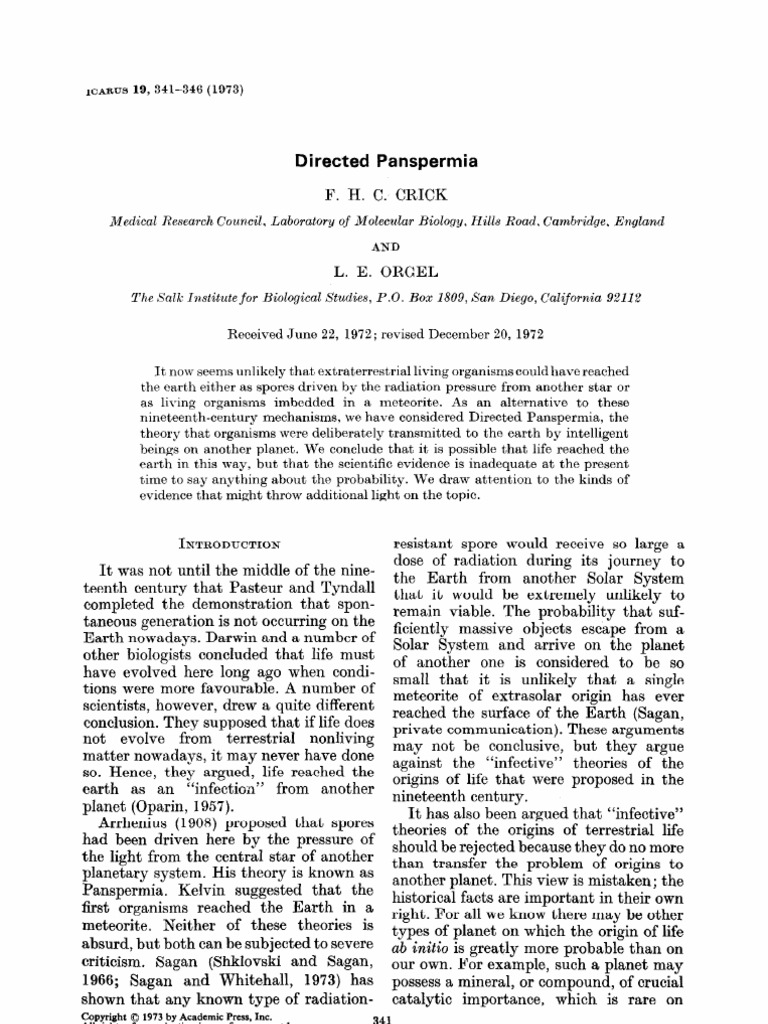 Directed Panspermia by Crick and Orgel | PDF | Abiogenesis | Life