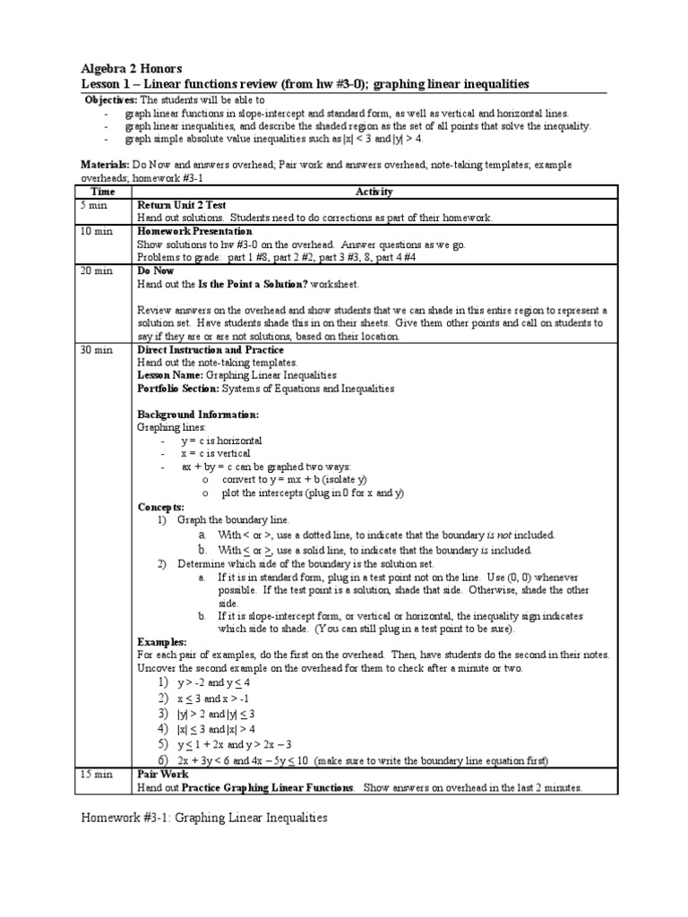 Lesson 1 (Linear Functions Review Graphing Linear Inequalities) | PDF ...