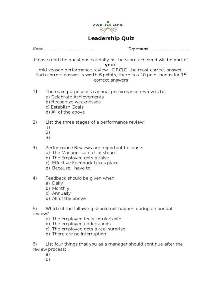 Leadership Performance Review Quiz | PDF