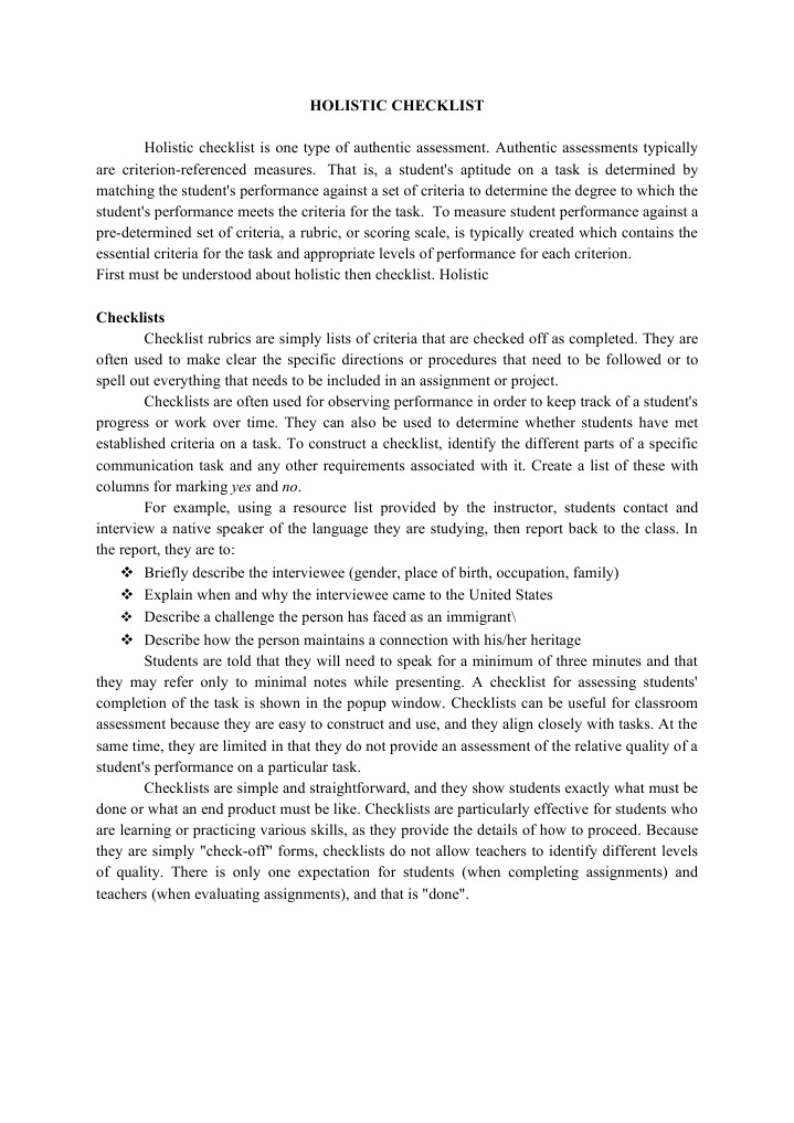 Holistic Checklist | PDF | Rubric (Academic) | Educational Assessment