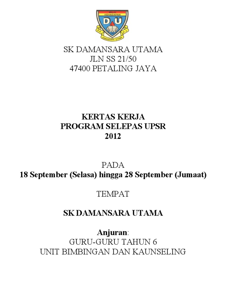 Kertas Kerja Program Selepas UPSR | PDF