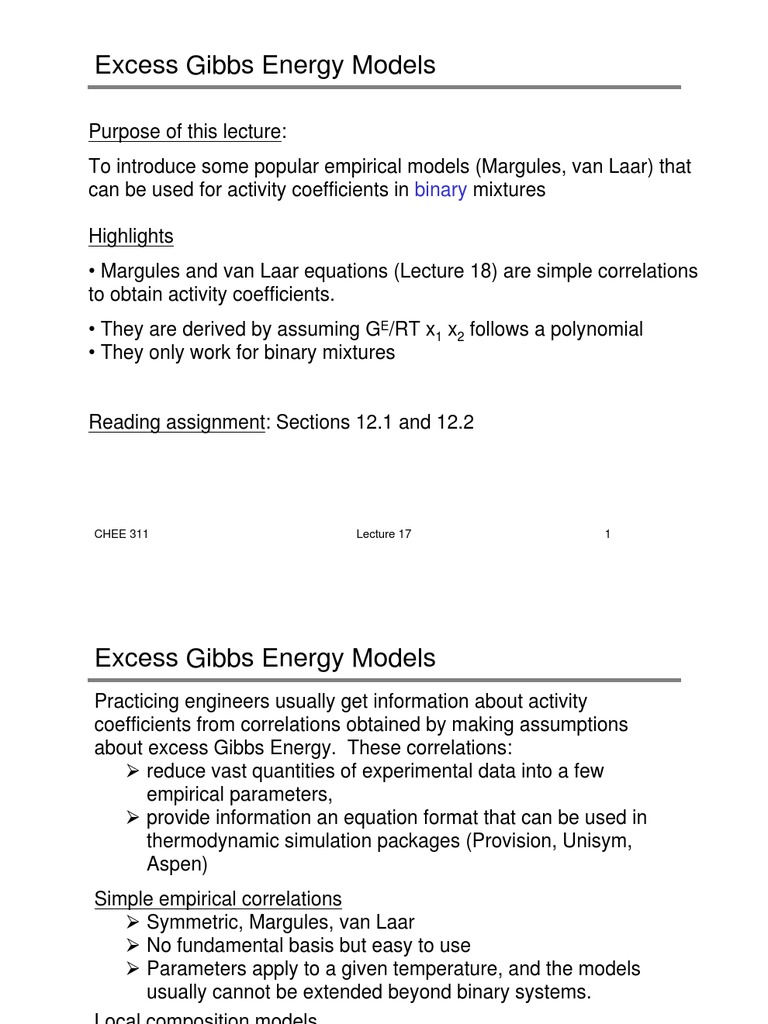 Excess Gibbs Energy Models in Thermodynamics | PDF | Physical Sciences ...
