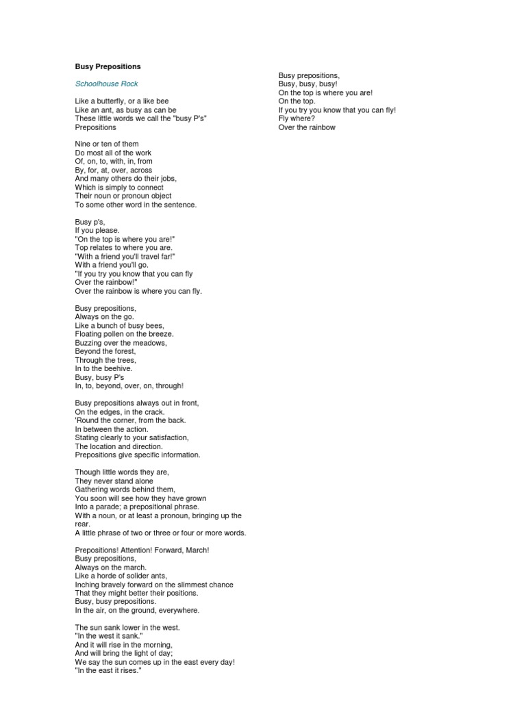 Schoolhouse Rock: Busy Prepositions | PDF