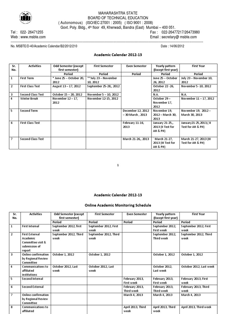 Academic Calendar 2012 - 13 Msbte | PDF | Academic Term | University ...