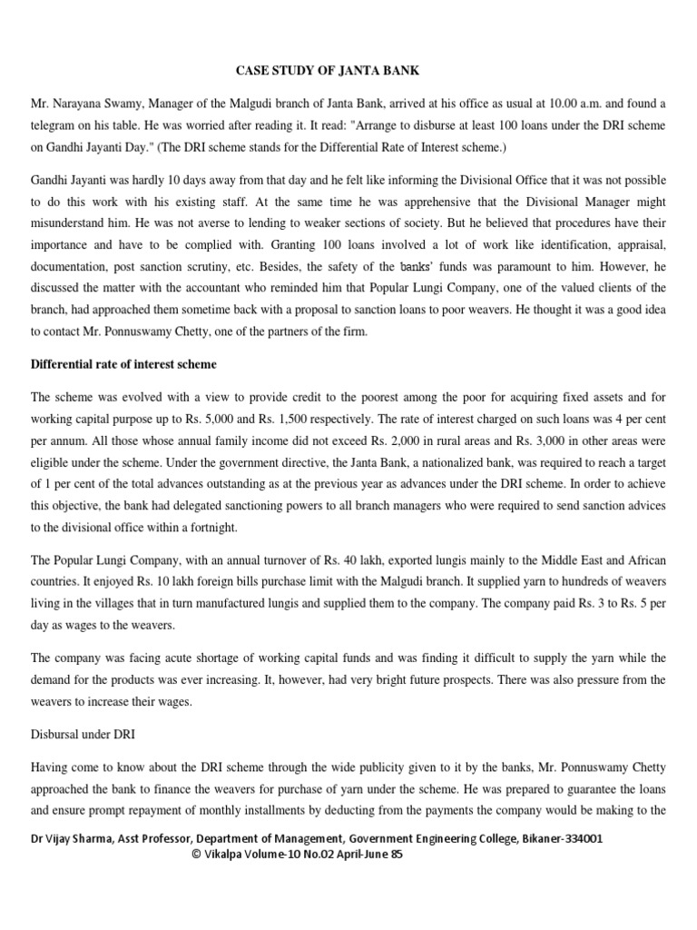 Janta Bank DRI Scheme Case Study | PDF | Loans | Banks