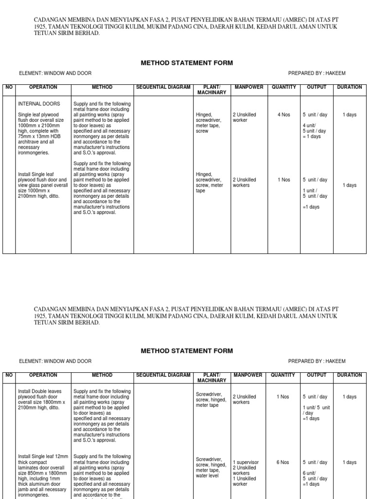 Method Statement Form (Door) | PDF | Building Engineering | Materials