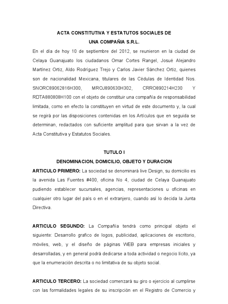 Acta Constitutiva de Una Empresa | PDF | Compañía de responsabilidad limitada | Bancos