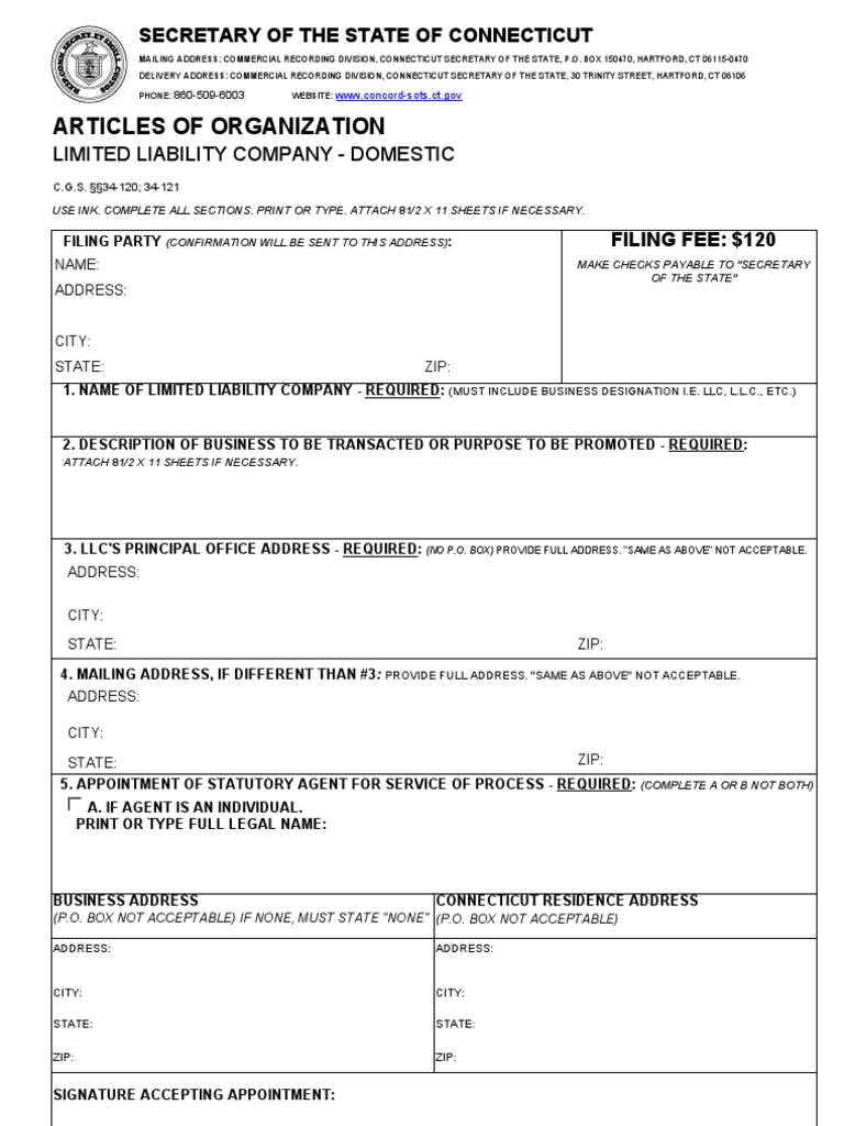 Connecticut LLC Articles of Organization | PDF