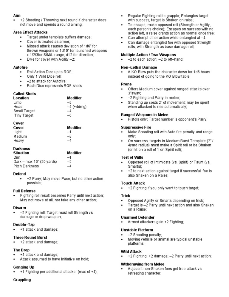 SavageWorlds CheatSheet | PDF | Leisure | Sports