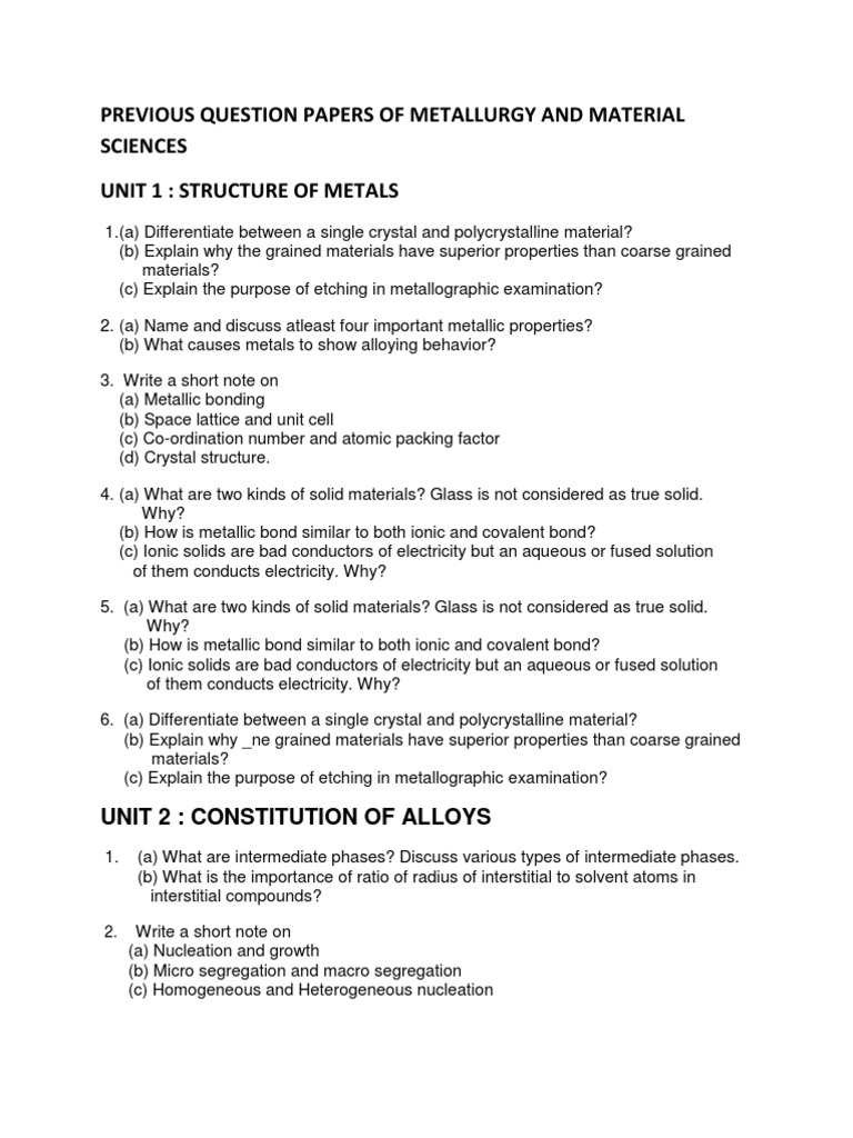 Previous Question Papers of Metallurgy and Material Sciences | PDF ...