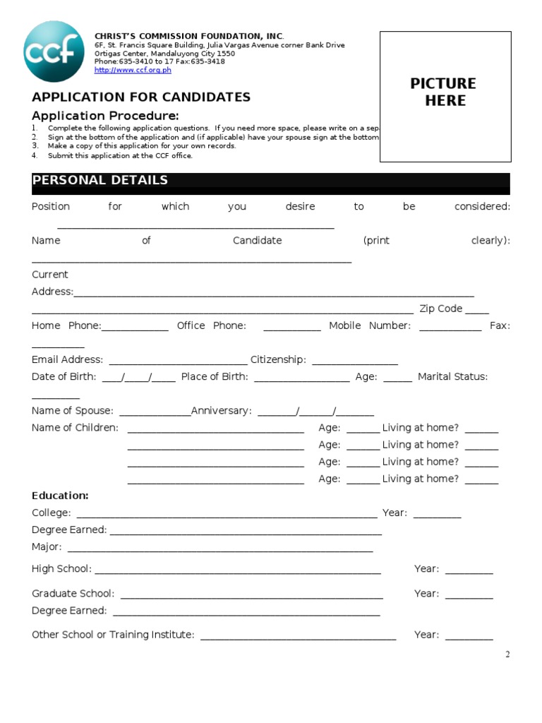 2010 CCF Application Form | PDF | Good Works | Baptism