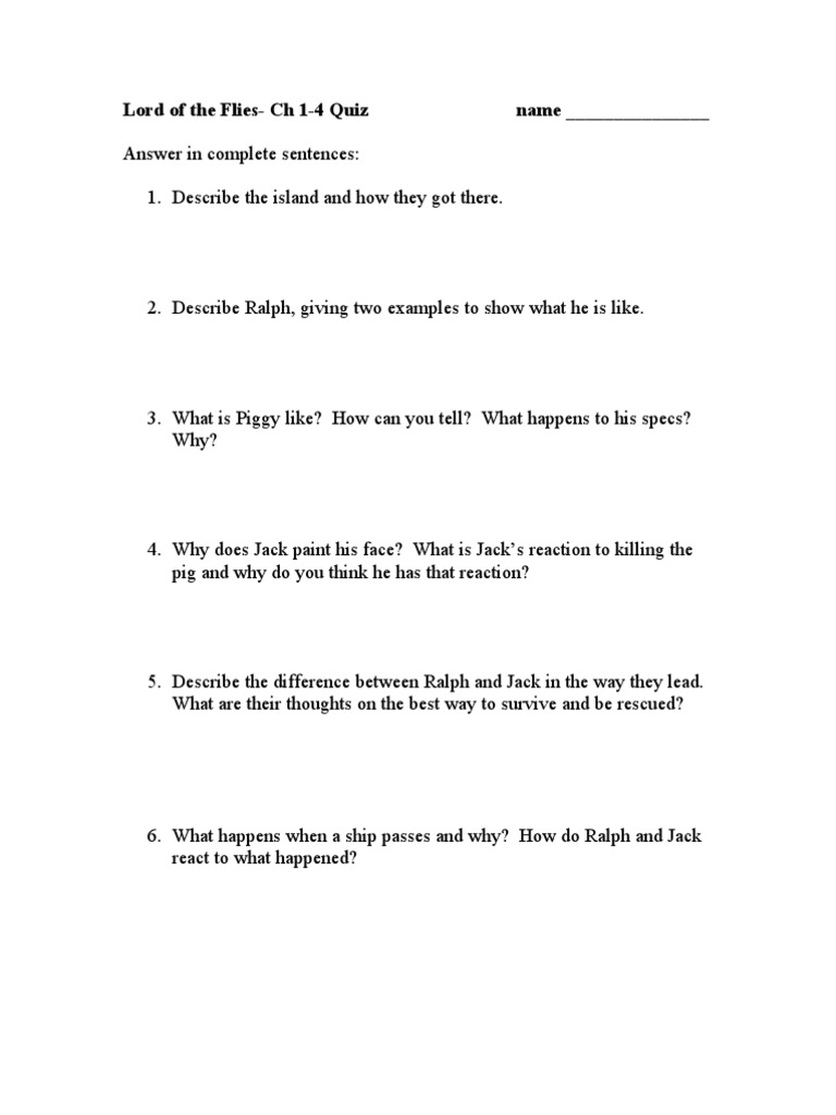 Lord of the Flies Quiz: Chapters 1-12 | PDF | Violence