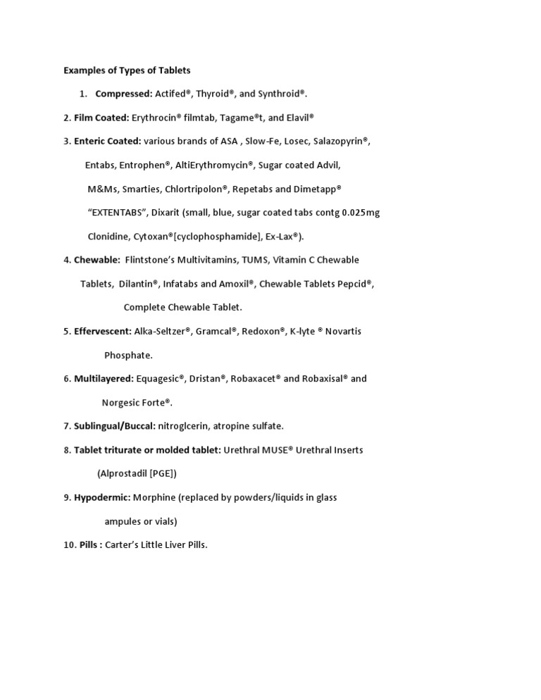 Examples of Types of Tablets | PDF | Tablet (Pharmacy) | Functional Group