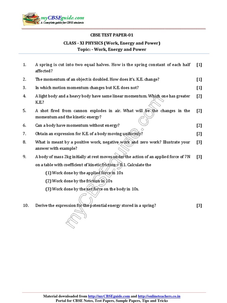 Class 11 Physics: Work, Energy, Power Test | PDF
