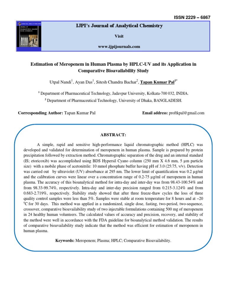 Estimation Of Meropenem In Human Plasma By Hplc Uv And Its Application In Comparative