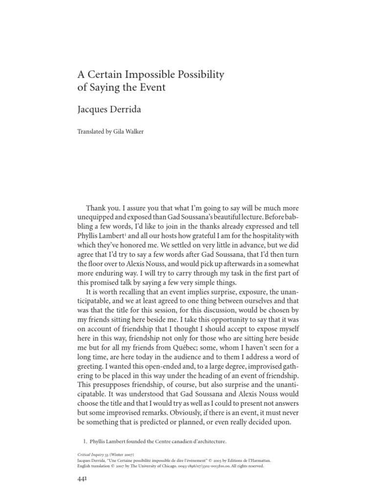 Derrida - A Certain Impossible Possibility of Saying The Event | PDF ...