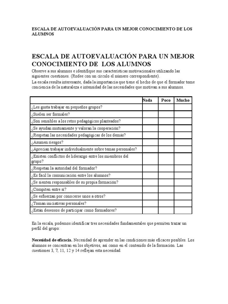 Escala de Autoevaluacion Para Conocer Al Alumno