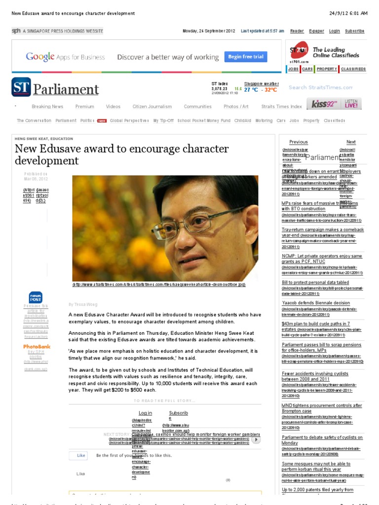 New Edusave Award To Encourage Character Development | PDF | Singapore ...