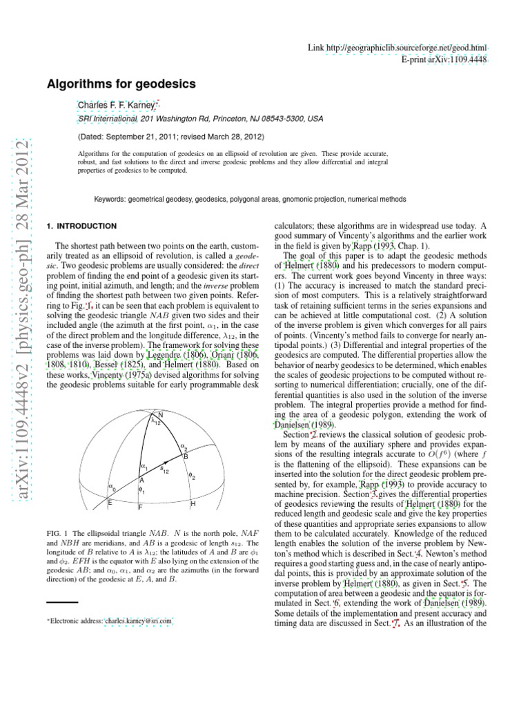 Algorithms For Geodesics: Charles F. F. Karney | PDF | Geometry | Mathematical Analysis