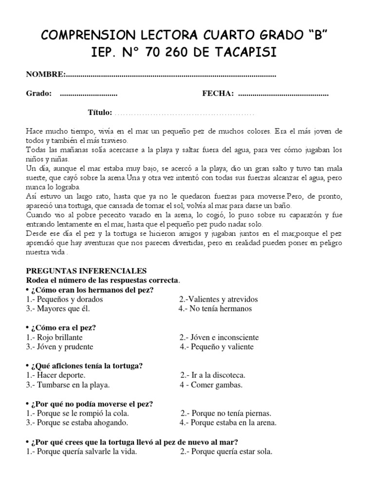 Comprension Lectora Cuarto Grado