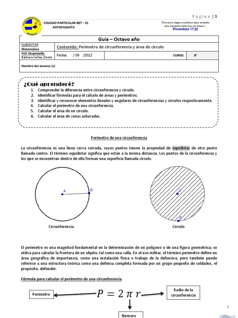 Guía de perimetro y área de circunferencia y circulo