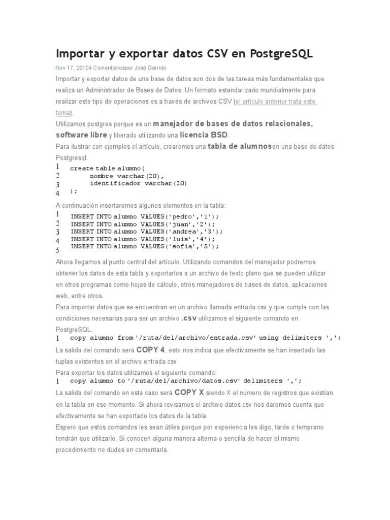 CSV en PostgreSQL: Importar y Exportar | PDF