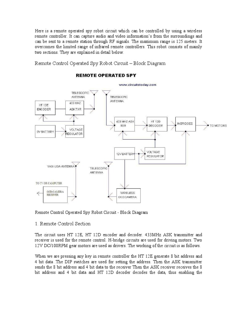 Remote Control Operated Spy Robot Circuit - Block Diagram | PDF ...