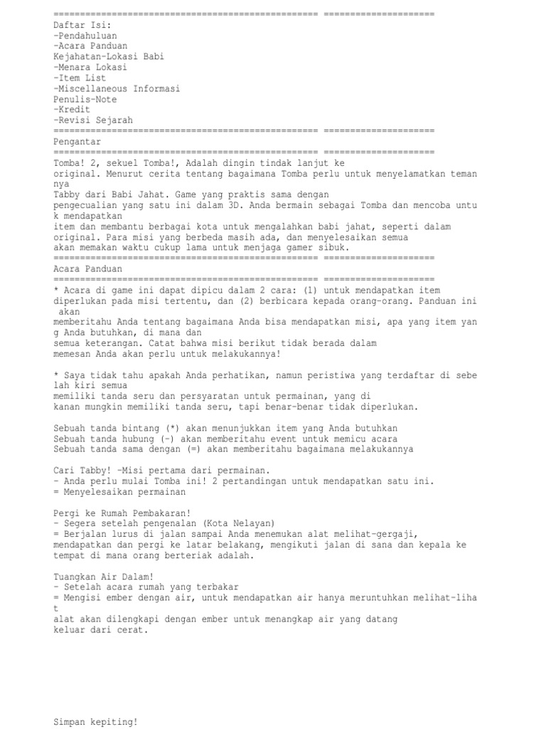 Walkthrough Tomba 2 Bahasa Indonesia | PDF