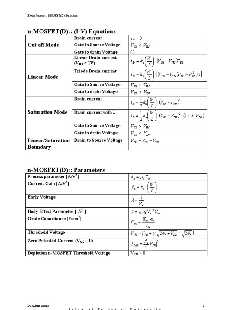 n-MOSFET (D) :: (I-V) Equations: Cut Off Mode | PDF