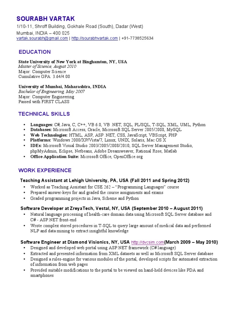 Tech Resume: Sourabh Vartak | PDF | Microsoft Sql Server | Net Beans