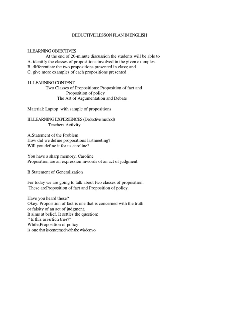 Deductive Lesson Plan in English | PDF