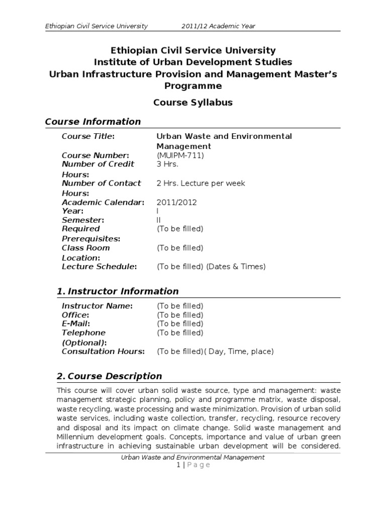 Urban Waste and Environmental Management Course Syllabus-Rahel | PDF ...