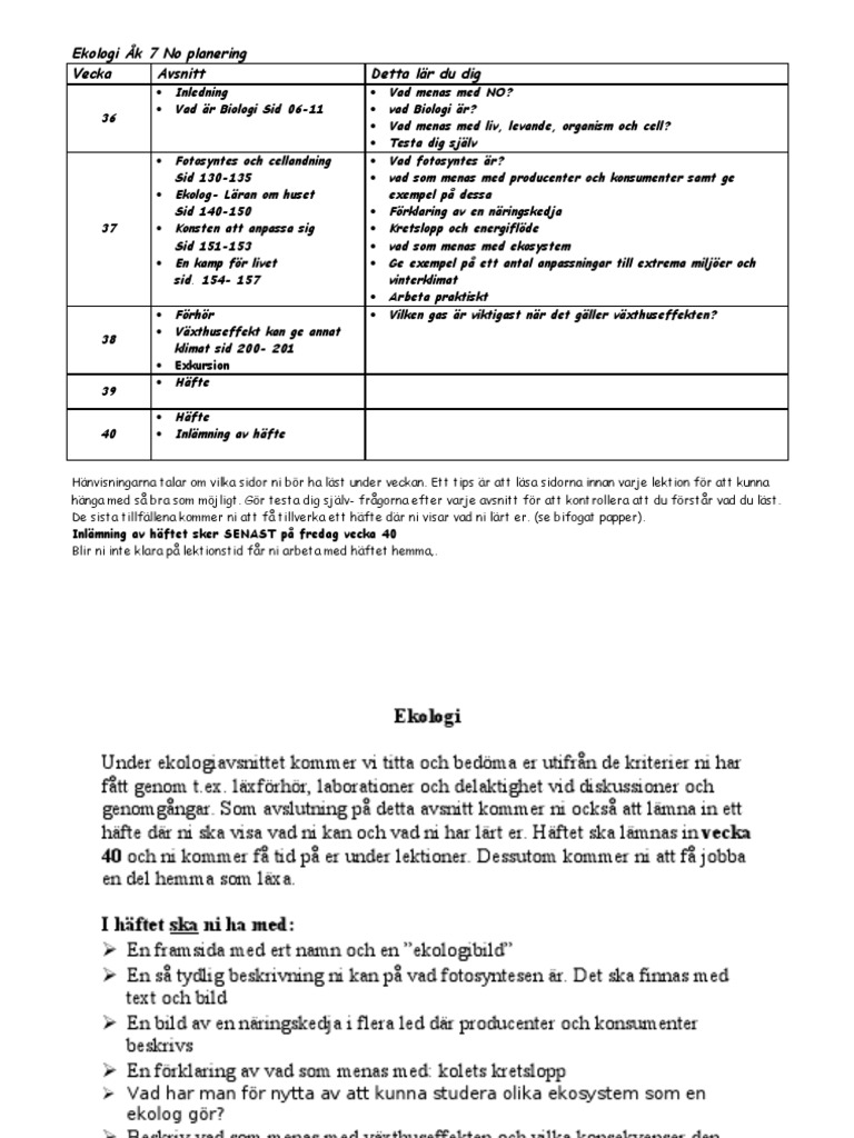 Ekologi Åk 7 No Planering | PDF