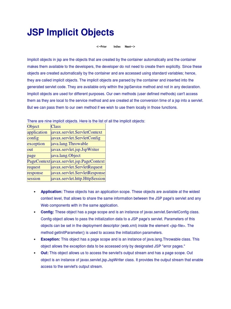 JSP Implicit Objects | PDF | Java Server Pages | Java Servlet