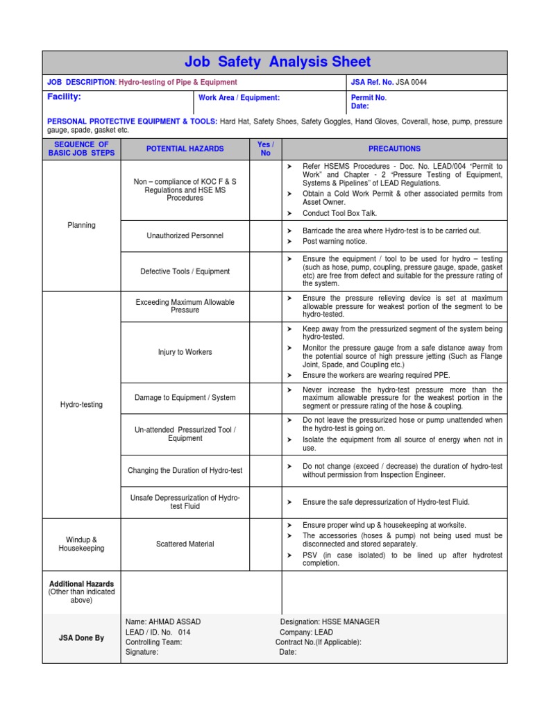 JSA Hydro Testing | PDF