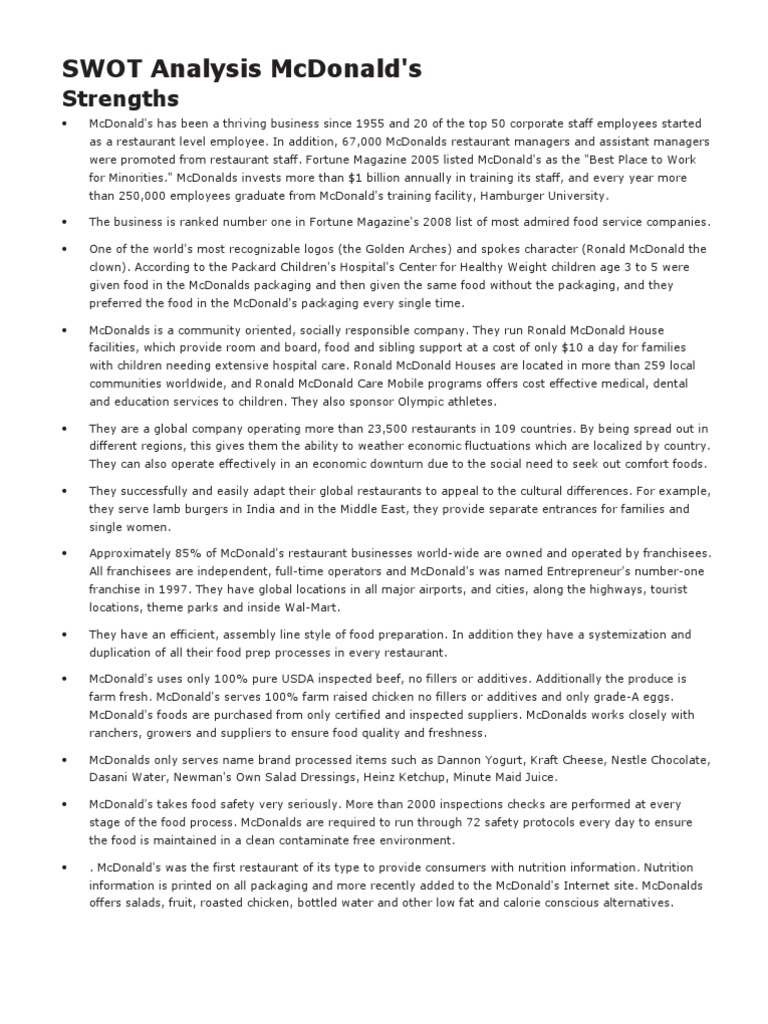 SWOT Analysis of McDonald's | PDF | Wellness