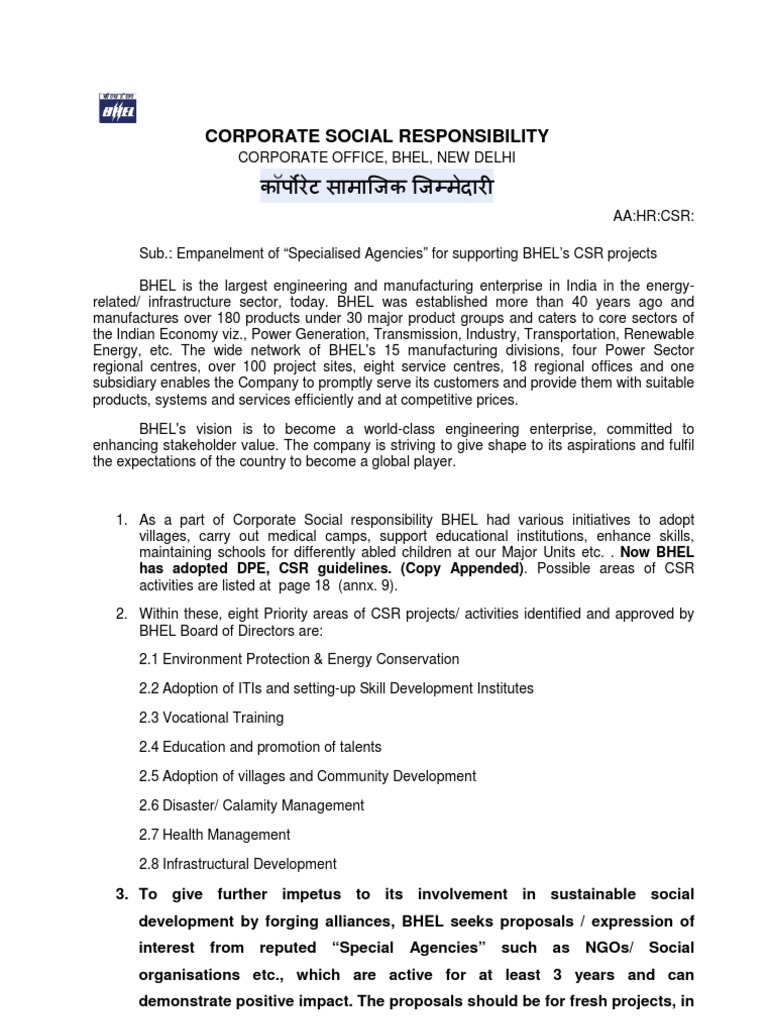 BHEL CSR Project Agency Empanelment | PDF | Corporate Social ...