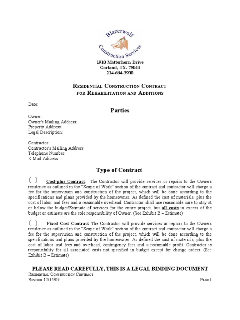 Residential Construction Contract - Rehab-Additions Revised 09-01-2012 ...