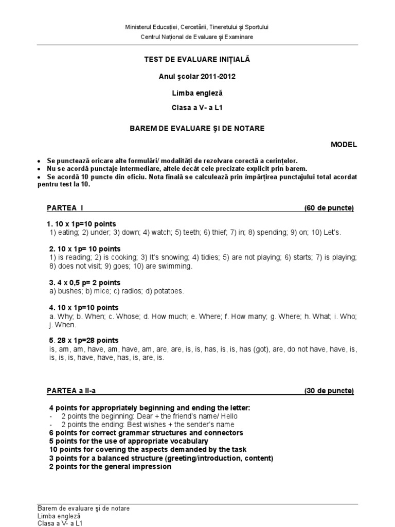 Test Evaluare Inițială Engleză Clasa 5 | PDF