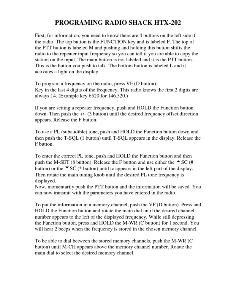 RADIO SHACK HTX-202 Programming Sheet | PDF