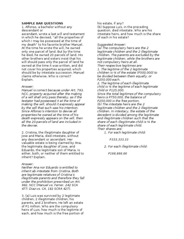 Sample Bar Questions | Download Free PDF | Will And Testament | Intestacy