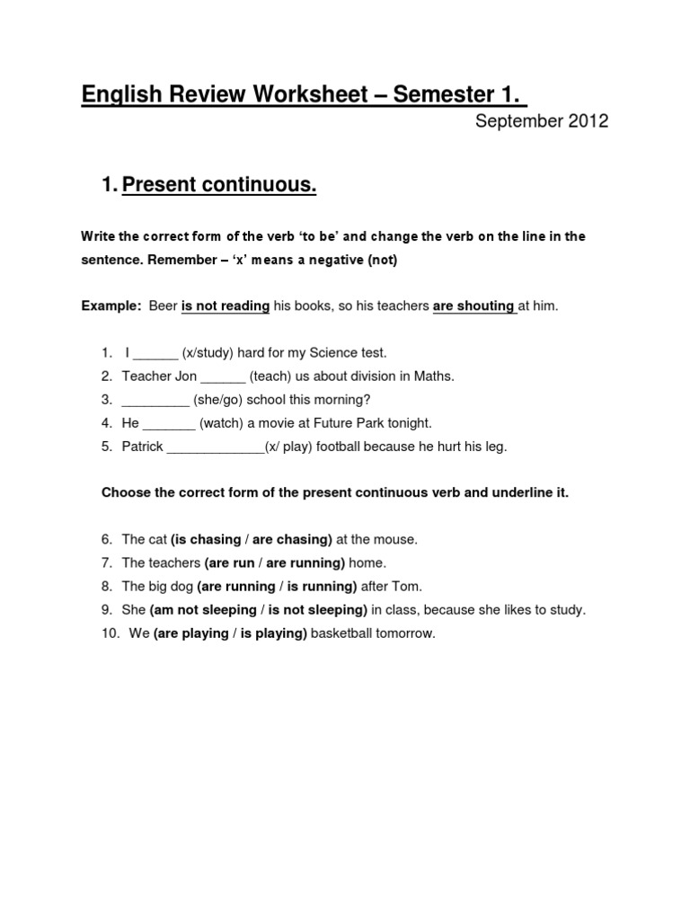 English Review Worksheet: Present Continuous | PDF | Trousers | Clothing