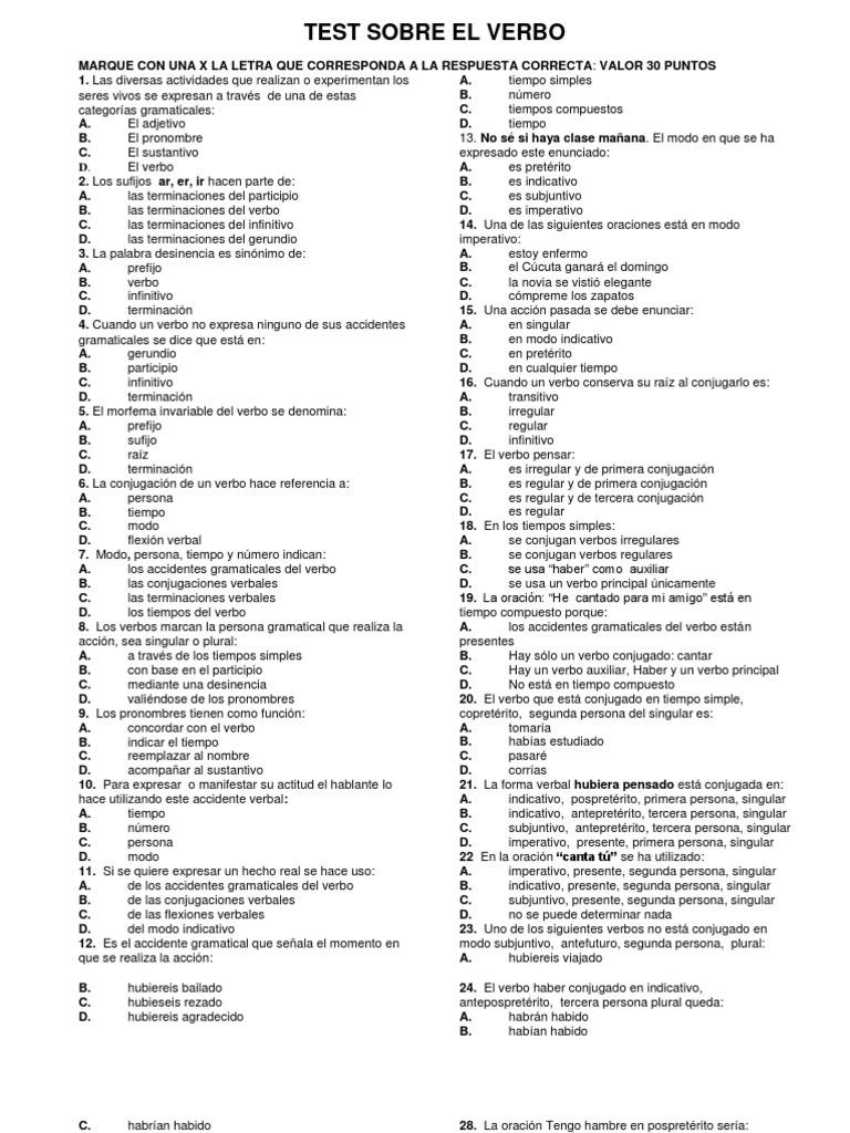 Test Sobre El Verbo | PDF | Verbo | Numero Gramatical