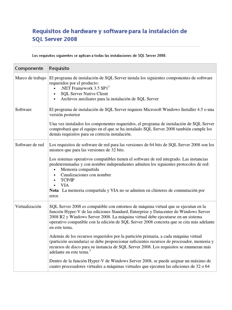 Requisitos de Hardware y Software para La Instalación de SQL Server 2008 | PDF | Servidor SQL de ...