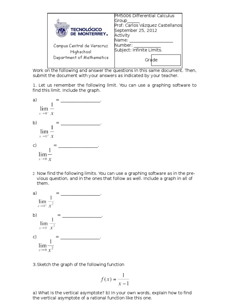Infinite Limits Worksheet