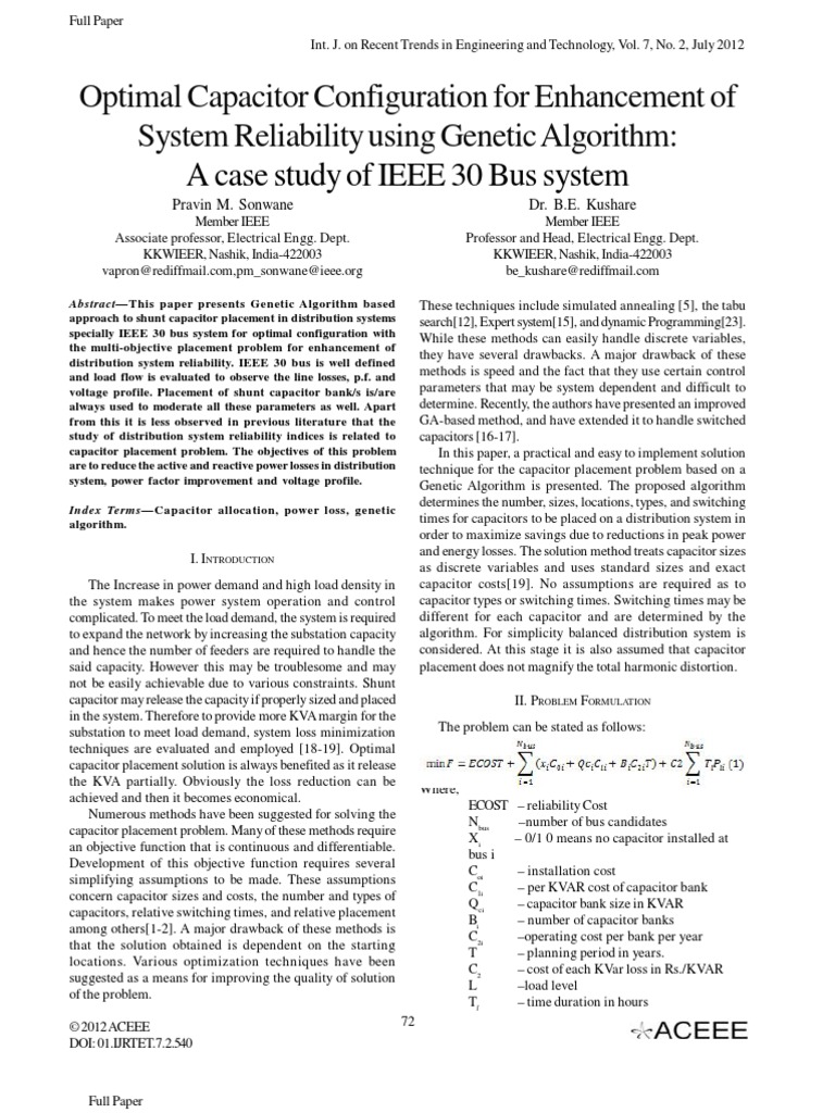 Optimal Capacitor Configuration For Enhancement Of System Reliability Using Genetic Algorithm A 