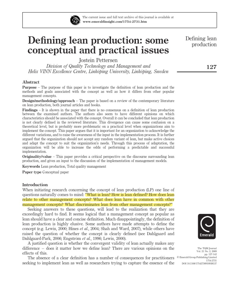 Defining Lean Production - Some Conceptual and Practical Issues | PDF ...