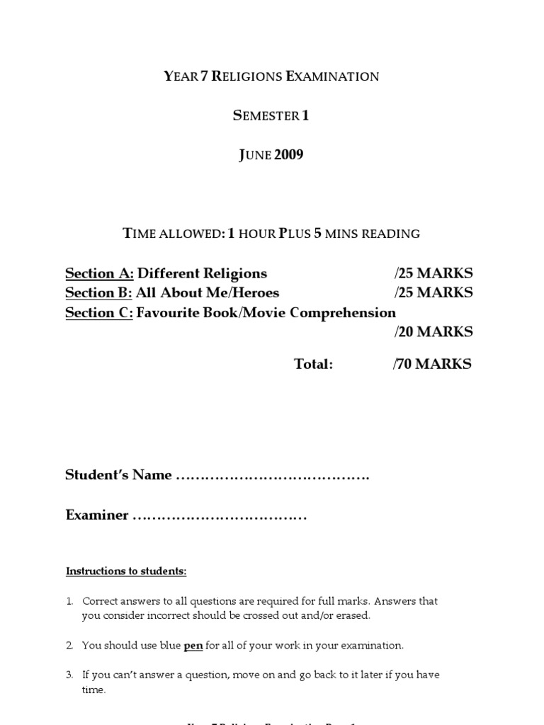 Year 7 Religions Examination | PDF | Religion And Belief | Schools